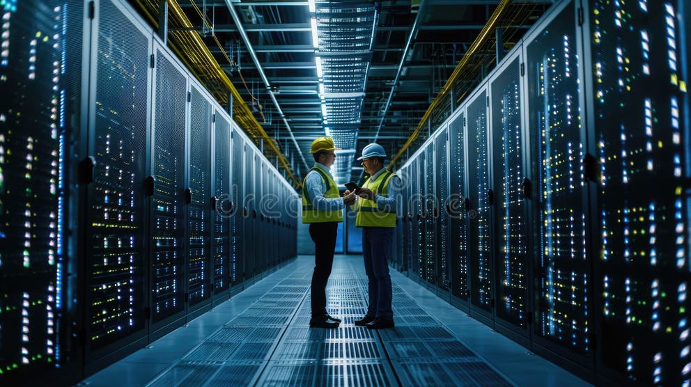Two Engineers Having a Discussion in the Brightly Illuminated Aisle of ...