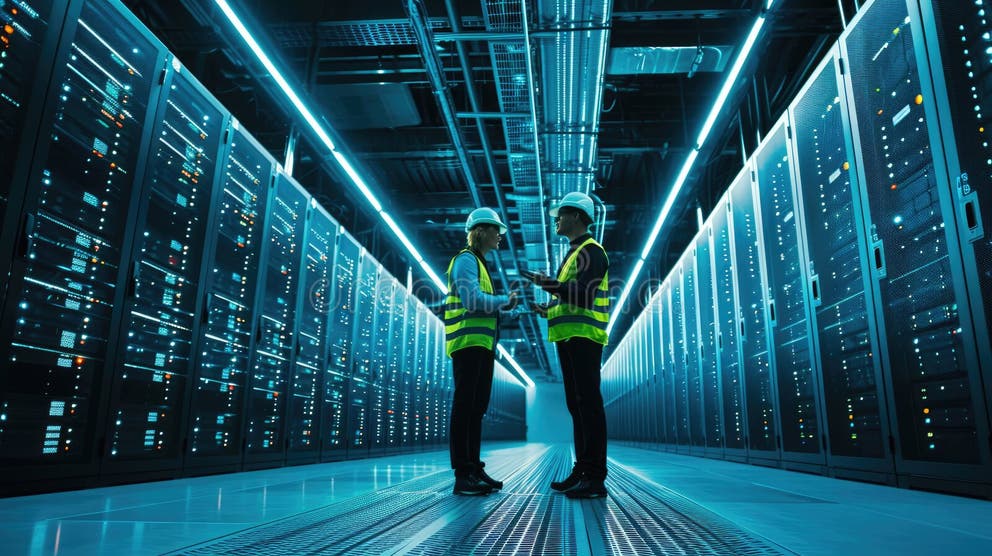 Two Engineers Having a Discussion in the Brightly Illuminated Aisle of ...