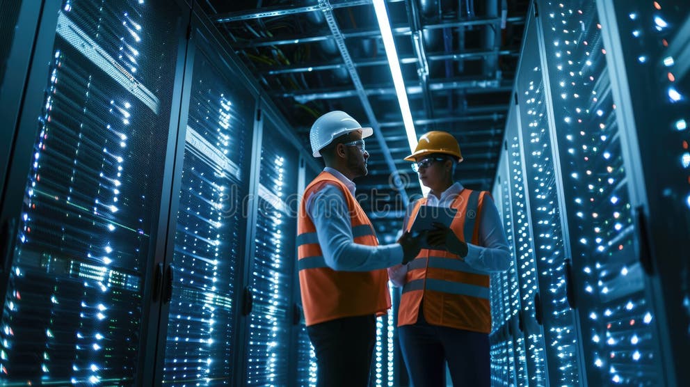 Two Engineers Having a Discussion in the Brightly Illuminated Aisle of ...