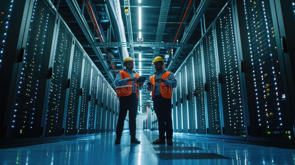 Two Engineers Having a Discussion in the Brightly Illuminated Aisle of ...