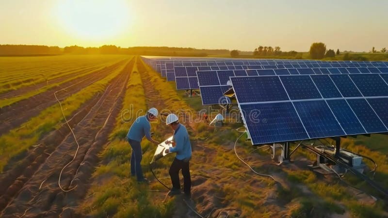 Two Engineers Inspect Solar Panels at Sunset in a Field Stock Video ...