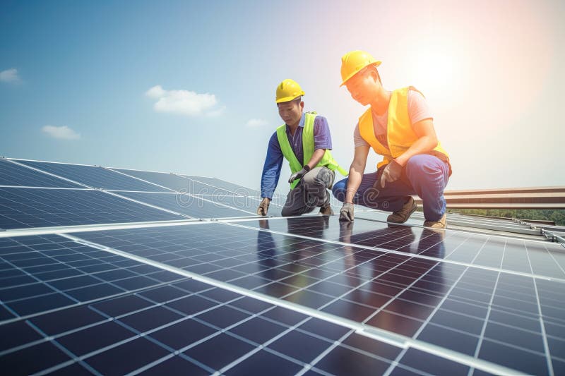 Two Engineers Installing A Solar Cell On A Roof Stock Illustration Illustration Of Modern