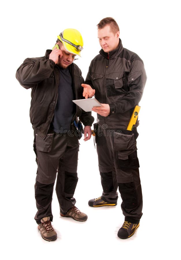 Two Engineers Looking at Tablet Pc Isolated on White Background Stock ...