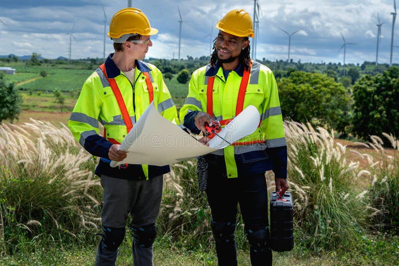 Two Engineers Plan on-site Inspection and Maintenance of Wind Turbines ...