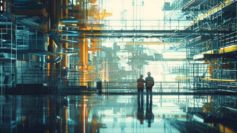 Two Engineers in Reflective Vests Discussing in a Large Industrial ...