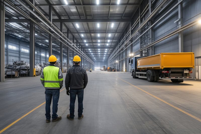 Two Engineers in Safety Gear Inside Large Industrial Warehouse ...