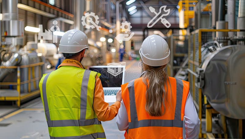 Two Engineers are Standing in the Workshop with a Laptop and Planning ...