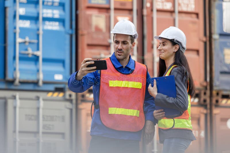 Two Engineers Taking a Selfie at Cargo Container Yard, Industrial ...
