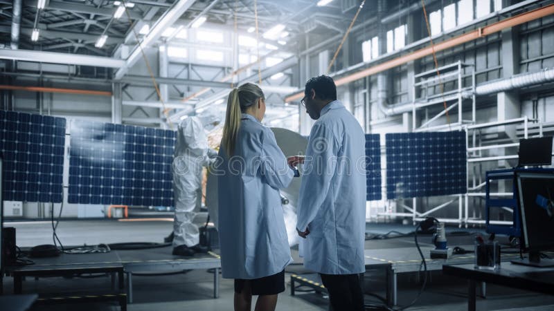 Two Engineers Talk, Use Tablet Computer while Working on Satellite ...