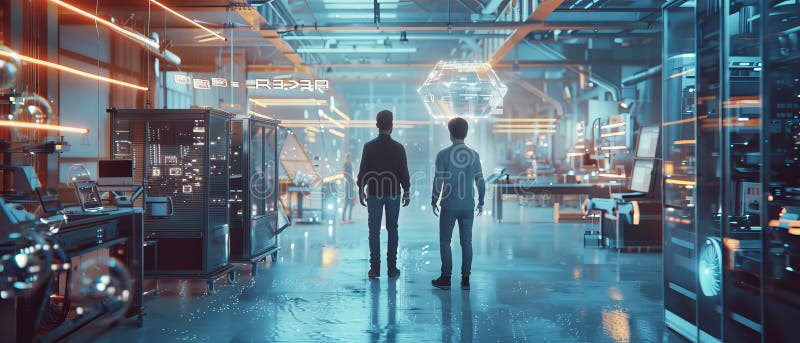 The Two Engineers Walk through a Factory Workshop Displaying Augmented ...