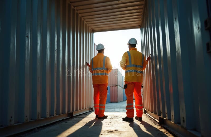 Two Engineers Wearing Safety Uniform Inspect Container Dock Yard ...