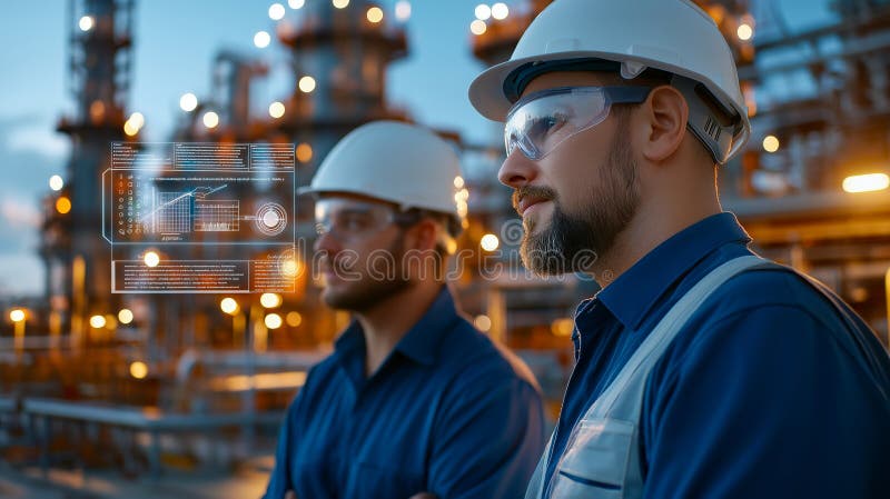 Two Engineers Wearing White Helmets and Blue Shirts Analyze Data at ...