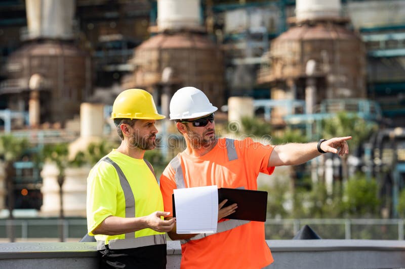 Two Engineers Workers, Industry Factory Workers Outdoor. Factory ...