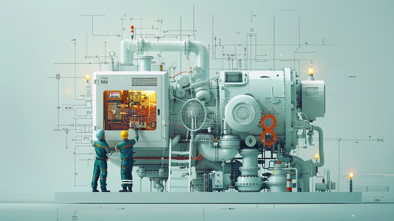 Two Engineers Working Together on a Large Industrial Machine Wit Stock ...