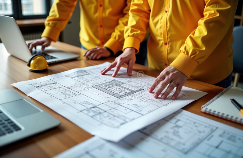 Two Engineers in Yellow Shirts Review Architectural Plans at Desk. Look ...