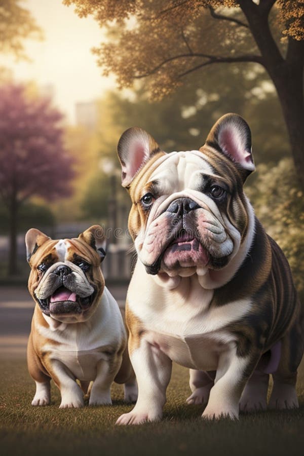 Two English Bulldogs Playing at a Urban Park Stock Illustration ...