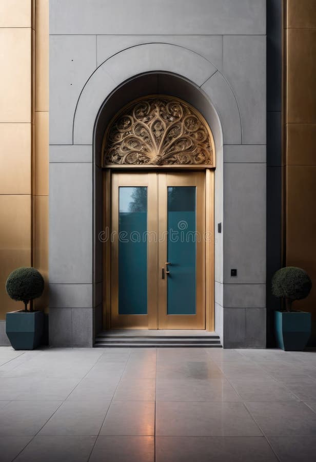 Two Entrance Doors and Planters in Front of a Brutalist Building Stock ...