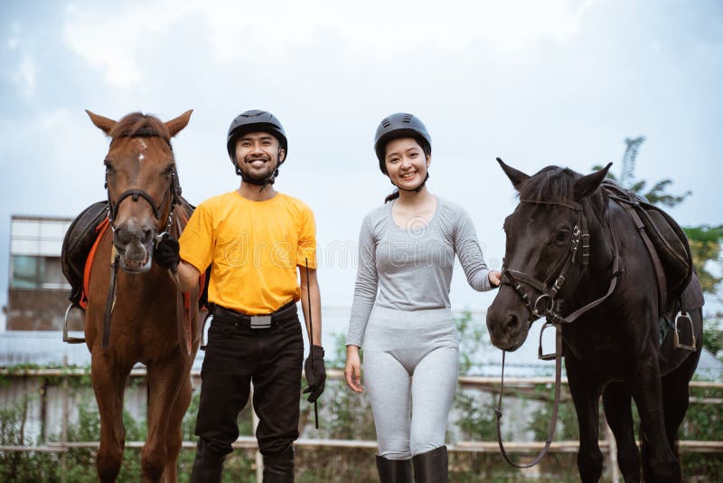 Two Equestrian Athletes Ride Horses and Start Training Stock Photo ...