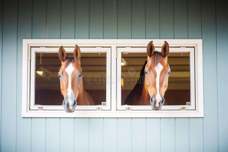 Two Equine Friends in Adjacent Stable Windows Stock Illustration ...