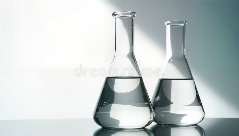 Two Erlenmeyer Flasks with Clear Liquid. Minimalist Lab Still Life. Glassware Filled with ...