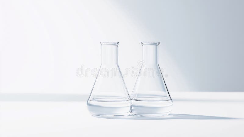 Two Erlenmeyer Flasks with Clear Liquid Sit on White Surface ...
