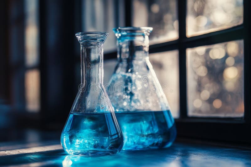 Two Erlenmeyer Flasks Containing a Blue Liquid are Shaking during a ...