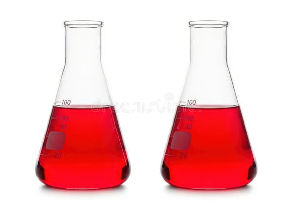 Two Erlenmeyer Flasks Filled with Vibrant Red Liquid Laboratory ...