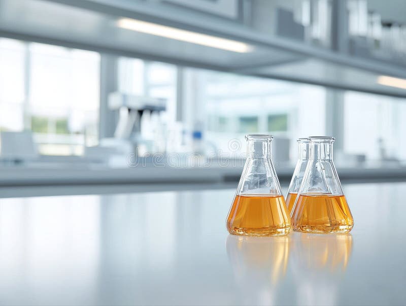 Two Erlenmeyer Flasks with Light Amber Liquid on a Clean Lab Bench in a ...