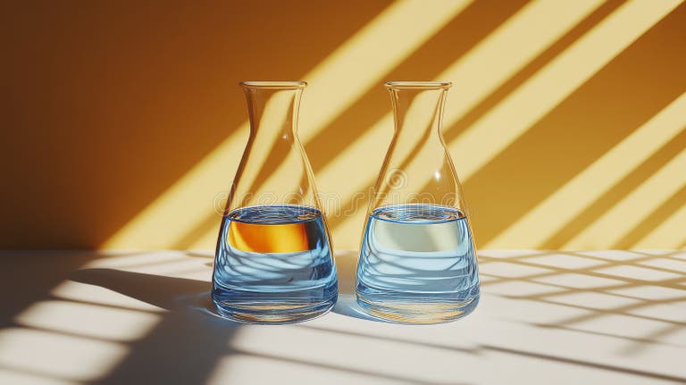 Two Erlenmeyer Flasks, One Containing Blue Liquid and the Other Orange ...
