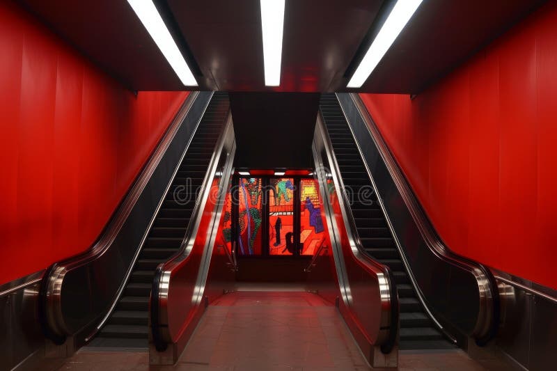 Two Escalators Leading To Colorful Artwork in Subway Station Stock ...