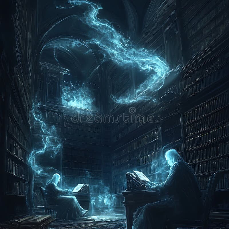 Two Ethereal Figures Reading in an Ancient Library Stock Illustration ...