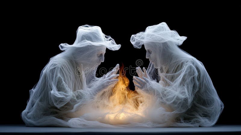 Two Ethereal Figures Sharing Warmth Around a Mystical Fire Stock ...