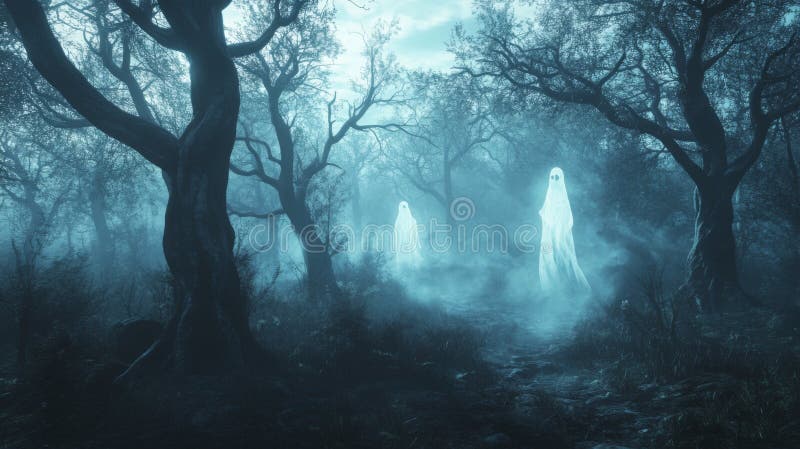 Two Ethereal Ghosts in a Foggy Forest Stock Illustration - Illustration ...