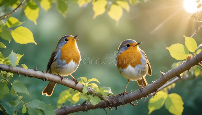 Two European Robins Perched on a Tree Branch, AI-generated. Stock ...