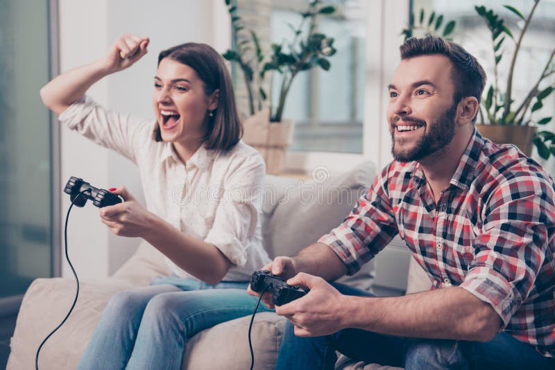 Two Excited Happy Lovers Playing Video Game Stock Photo - Image of ...