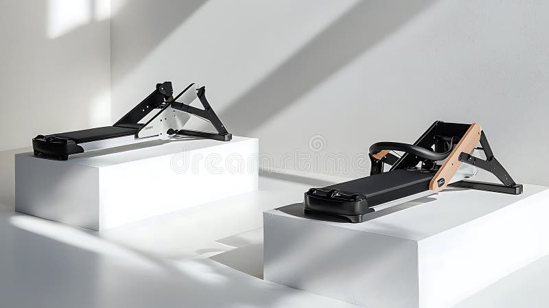 Two Exercise Machines are on Display, One of Which is a Rowing Machine ...