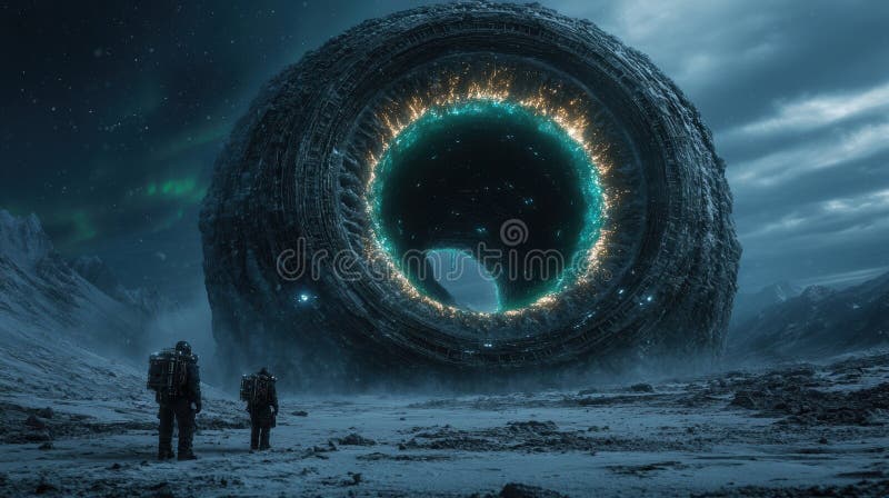 Two Explorers Stand before a Colossal, Glowing Alien Structure in a ...