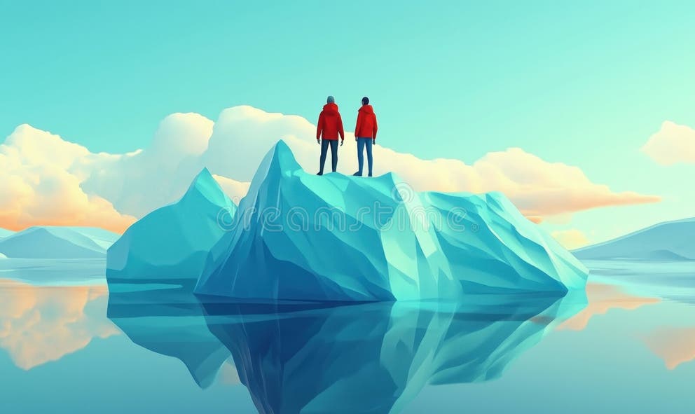 Two Explorers Standing on Iceberg in Serene Polar Landscape with ...