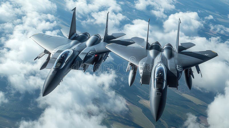 Two F-15 Eagle Fighter Jets Flying in Formation Over Clouds Stock ...
