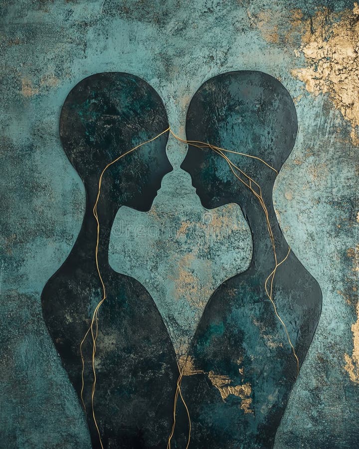 Two Faceless Figures Standing Back-to-back, Connected by a Golden ...