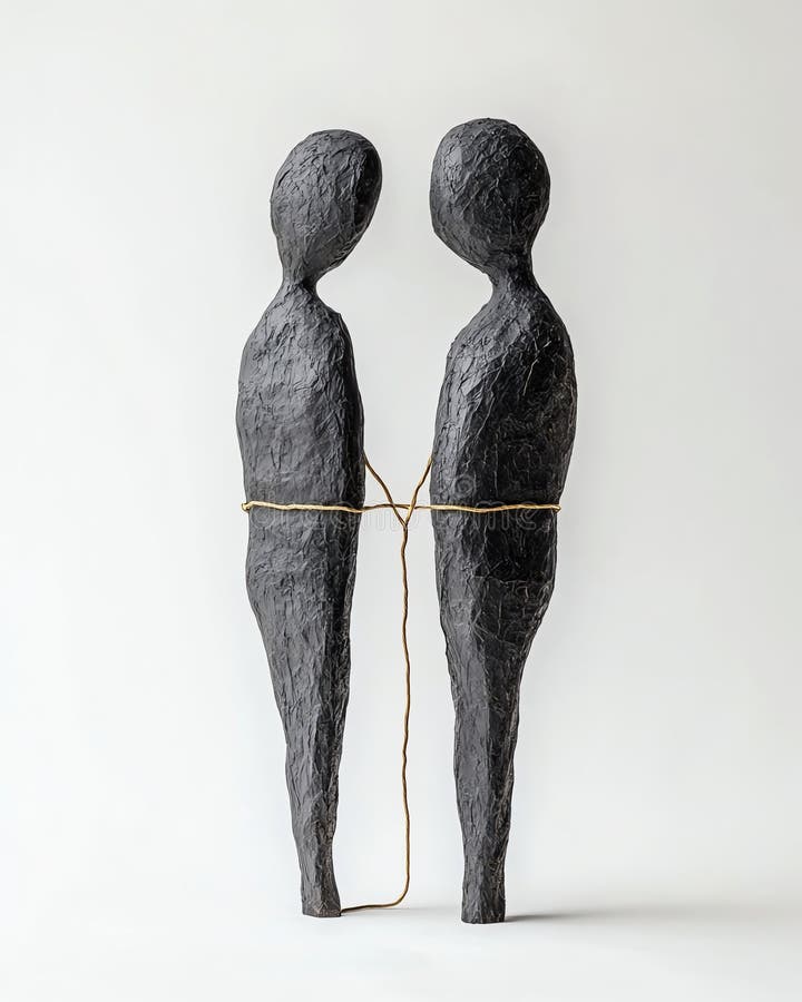 Two Faceless Figures Standing Back-to-back, Connected by a Golden ...