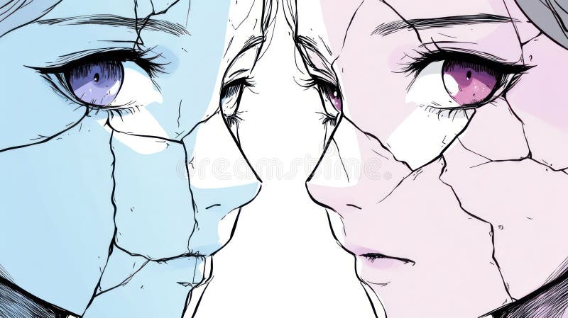 Broken Anime Girl Faces, Dual Personality Concept Stock Illustration ...