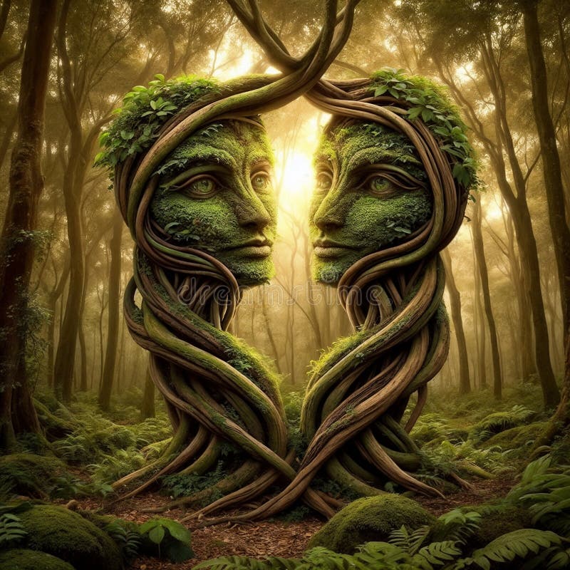 Two Intertwined Faces Made of Greenery in a Mystical Forest Stock ...