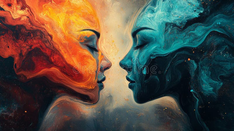 Two Faces Merging, Representing Fire and Water Elements, Symbolizing ...