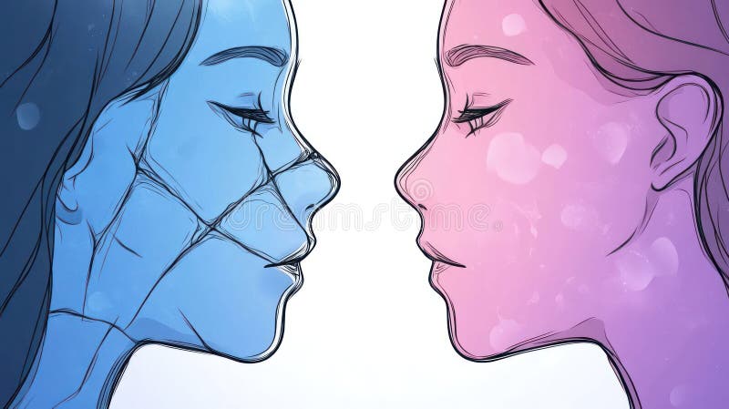 Two Women Facing Each Other, Pastel Colors, Abstract Line Art ...