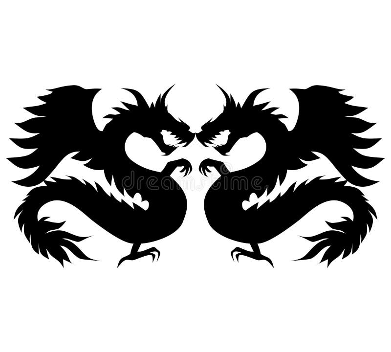 Two Facing Black Dragon Silhouettes with Wings, Claws, and Serpentine ...