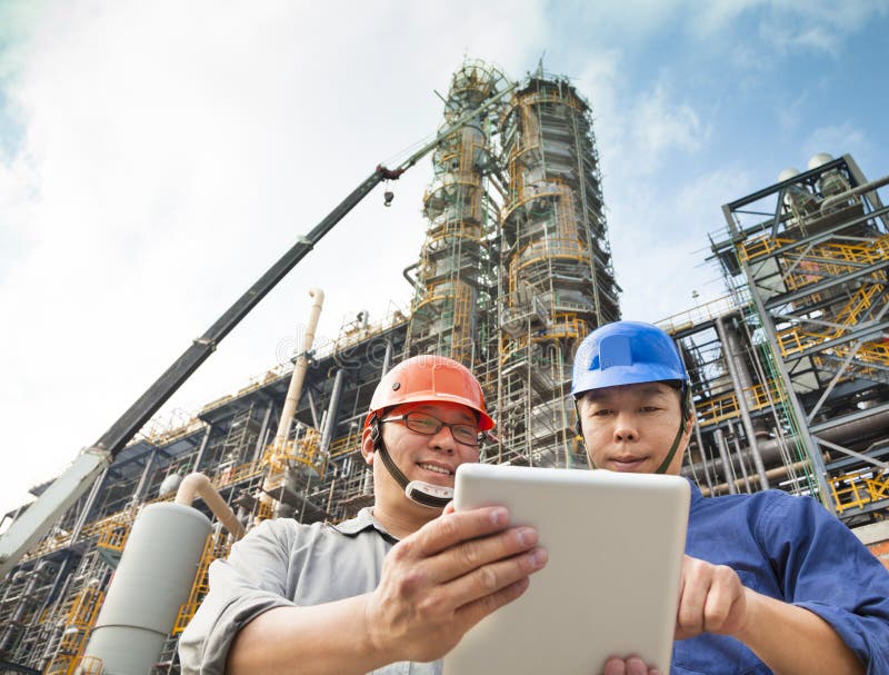 Two Factory Workers Discussion with Tablet Pc Stock Image - Image of ...