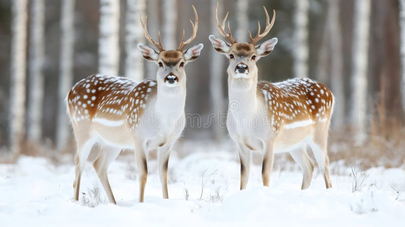 Two Fallow Deer Standing in Snowy Forest Landscape Stock Illustration ...