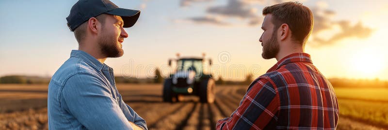 Two Farmers Having Conversation in Field at Sunset with Tractor in ...
