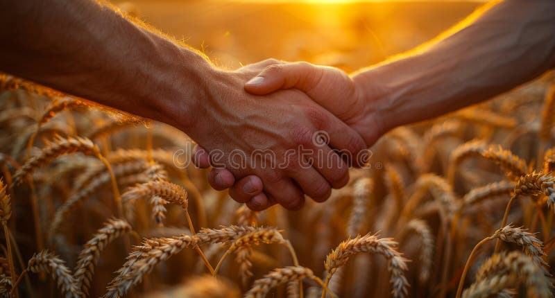 Two Farmers Shake Hands Against the Background of Field of Wheat at ...
